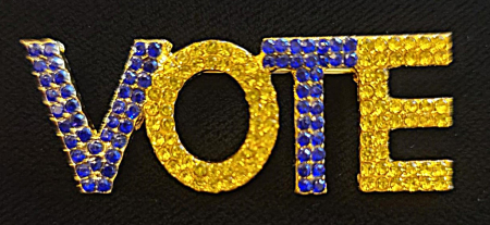 RHINESTONE VOTE LAPEL PIN- 2 inches wide- Blue and Gold